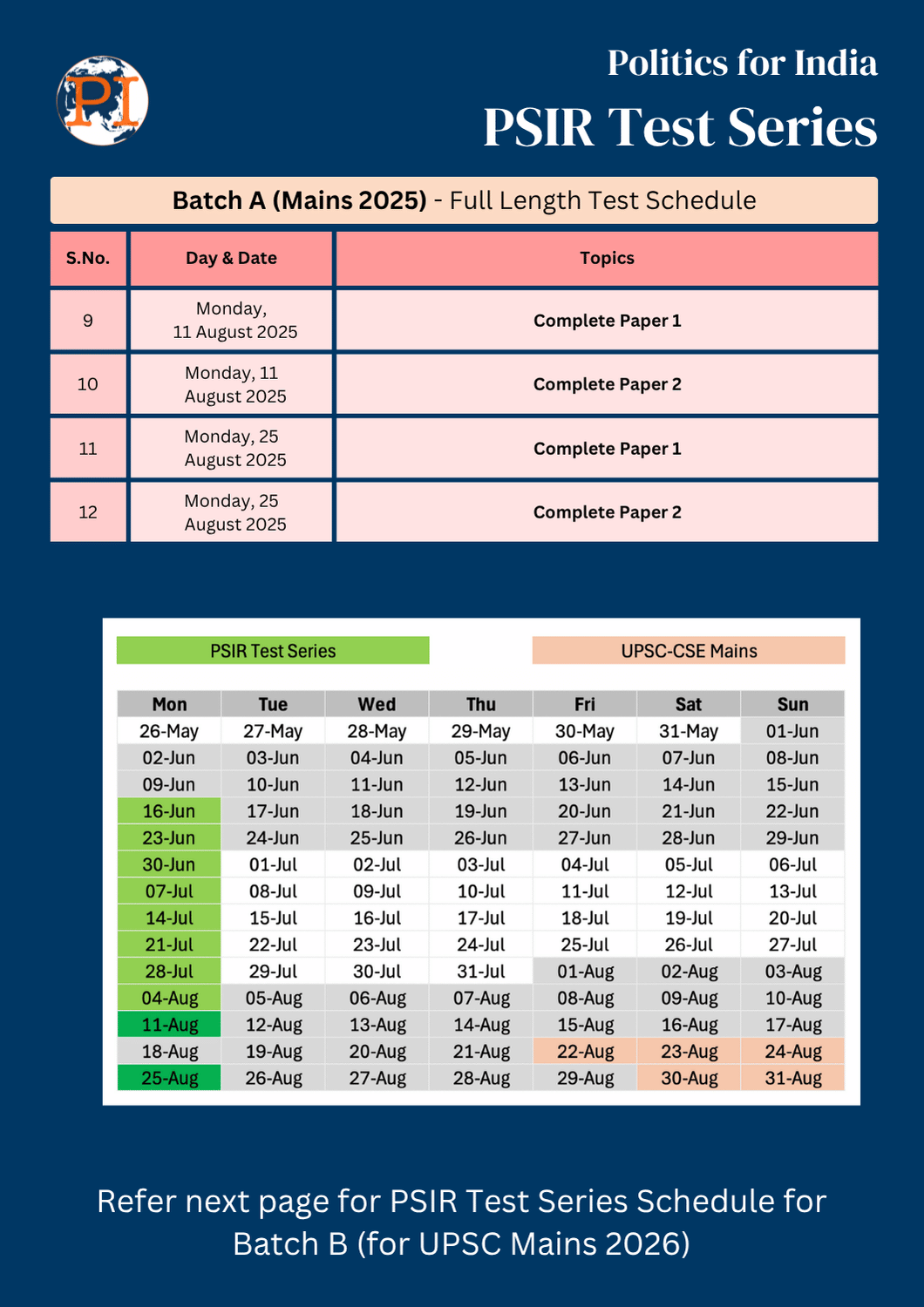PSIR Test Series for Mains 2025 and 2026 - Politics for India