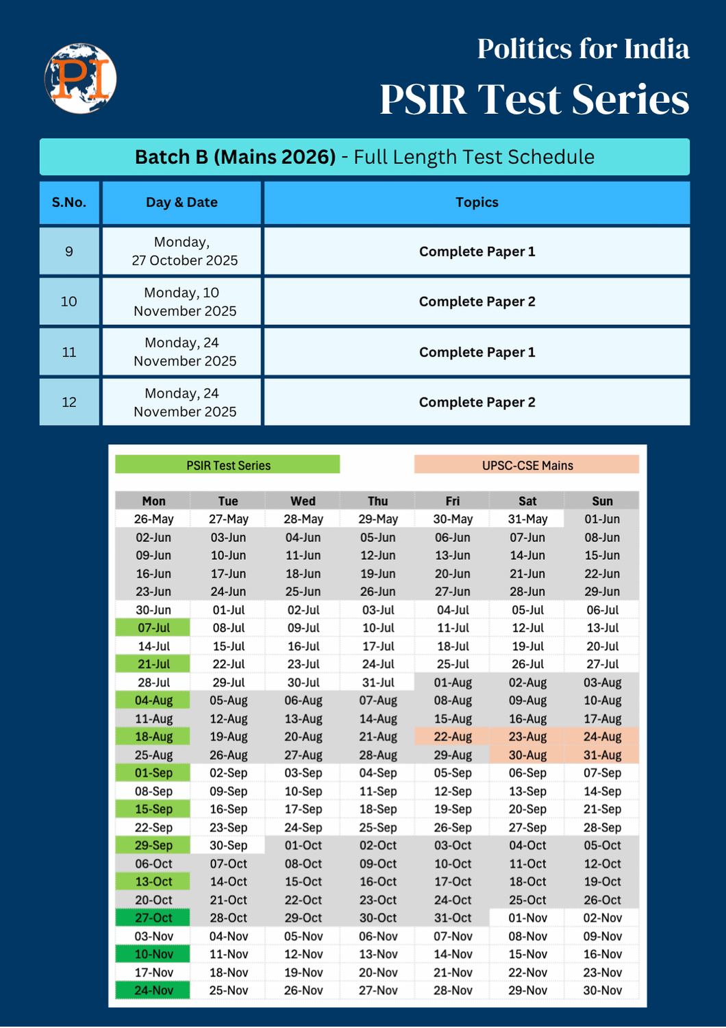PSIR Test Series for Mains 2025 and 2026 - Politics for India
